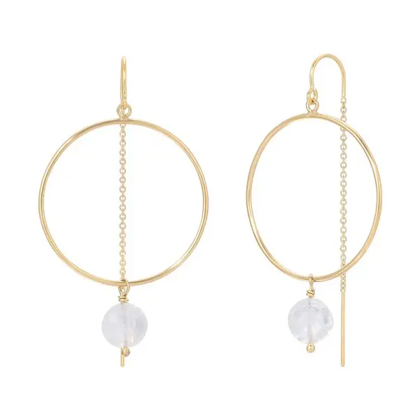 HEATHER HAWKINS Neutrals Coin Gemstone Hoop Threader Earrings Gold-filled Rainbow Moonstone - Yellow