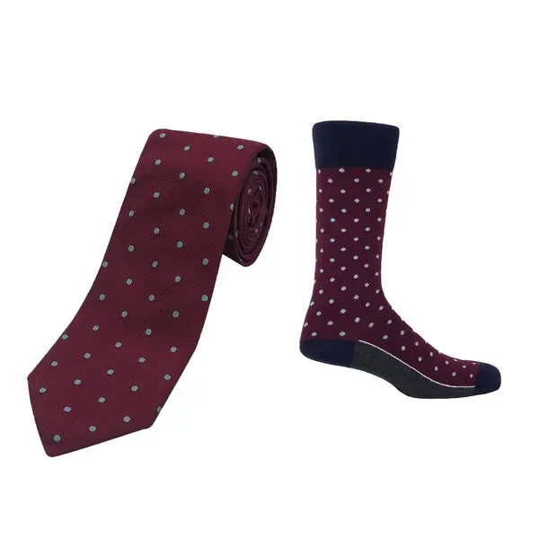PEPER HAROW - MADE IN ENGLAND Burgundy Pin Polka Tie & Socks Groom's Set - Red