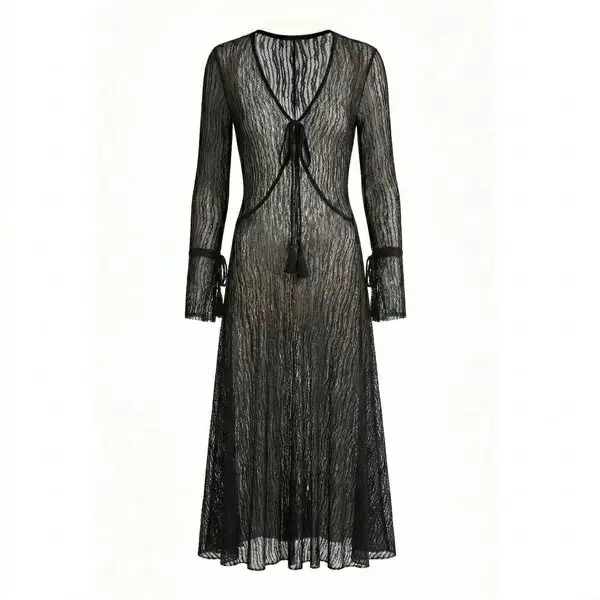 BELSIZE25 Trumpet Dress Flared Sleeve Sheer Lace Knit Dress - Black