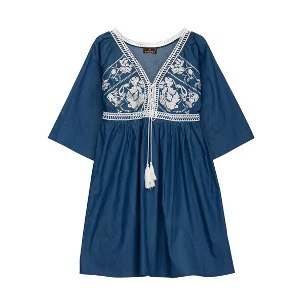 TANTRA SPAIN SL Tunic Style Mini Dress With Embroidered Details In Chest - Blue