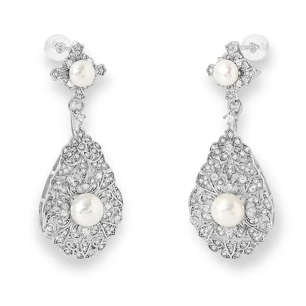 PEARLS OF THE ORIENT ONLINE Stella Vintage Style Pave Drop Earrings With Cultured Freshwater Pearls - Silver