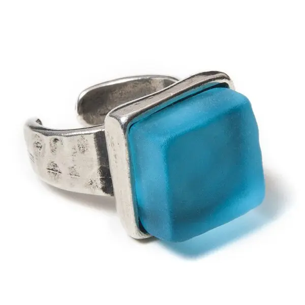 SMART GLASS JEWELRY Recycled Gin Bottle Cube Silver Ring Aqua - Blue