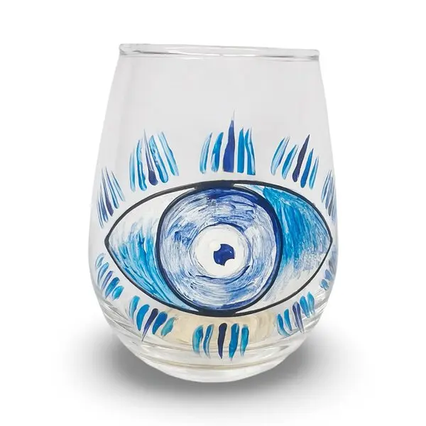CASA DUNIYA Hand-painted Evil Eye Maryam Stemless Glasses Set Of Six - Blue