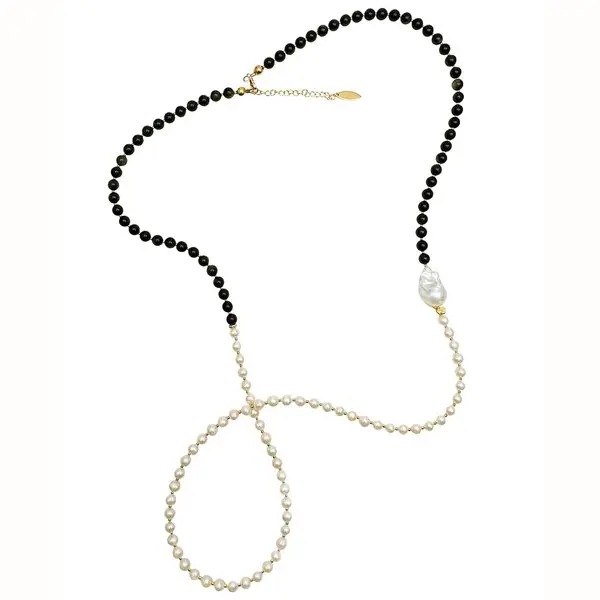 FARRA Black Obsidian And White Freshwater Pearls Long Necklace