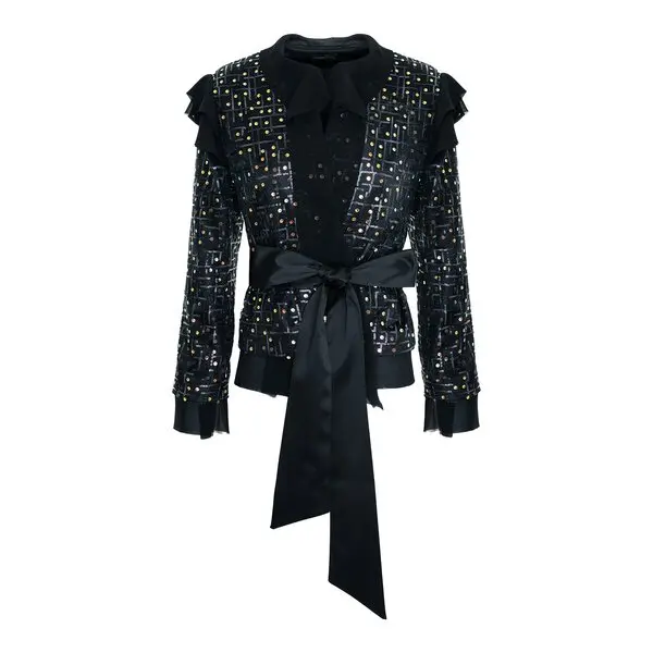 CONCEPT A TROIS Sequin Jacket With Satin Taffeta Cord And Veil Details - Black