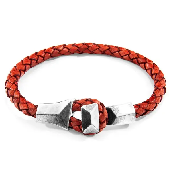 ANCHOR & CREW Amber Alderney Silver & Braided Leather Bracelet - Red