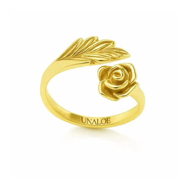 UNALOE Plated Adjustable Rose & Leaf Ring – Open Floral Wrap Ring Nature Inspired Statet Jewelry - Gold