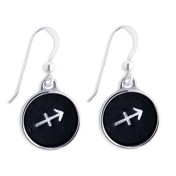 N'DAMUS LONDON Silver / Black Zodiac Sagittarius Black Leather Earrings - Silver/black