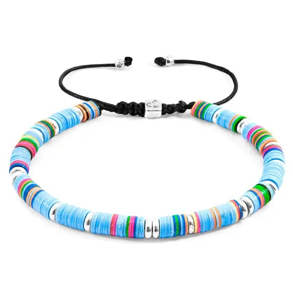 ANCHOR & CREW Turquoise Kivu Silver & Vinyl Disc Macrame Bracelet - Blue