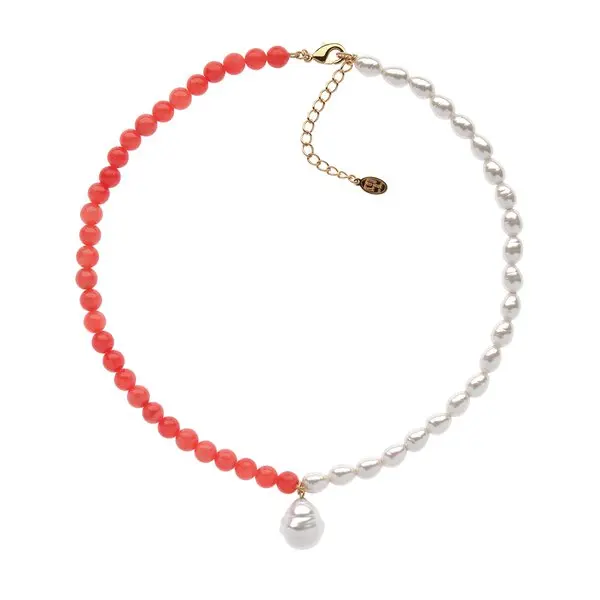 EMMA HOLLAND JEWELLERY Coral & Baroque Pearl Drop Necklace - Orange