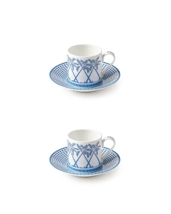 PINK HOUSE Fine Bone China Two Espresso Cups & Saucers Palms - Blue