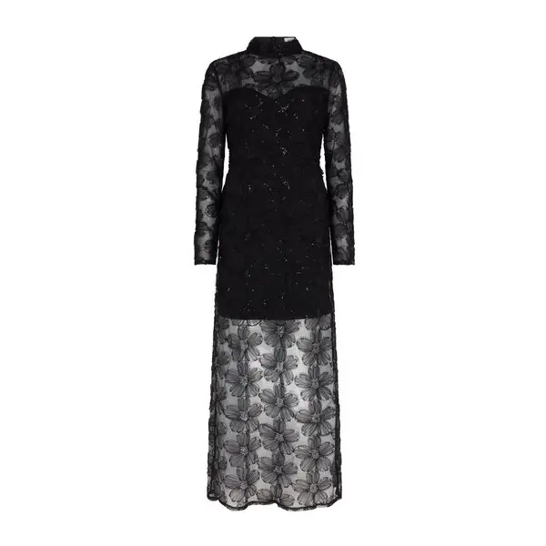 SOUR FIGS Floral Embroidered Sequin Mesh Evening Dress - Black