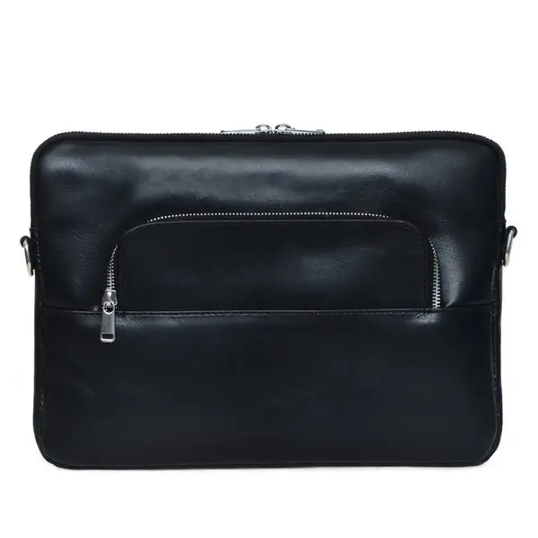 HIDES LEATHER CO. Leather Tech Organizer Case, Handmade Macbook Sleeve With Travel Pocket - Black