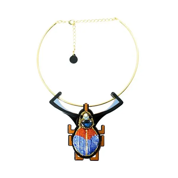 GISSA BICALHO Brown / Blue Handmade Acrylic Necklace Scarab Embroidered Topaz - Brown/blue