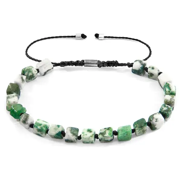 ANCHOR & CREW Natural Tree Agate Ralph Silver & Stone Skinny Macrame Bracelet - Green