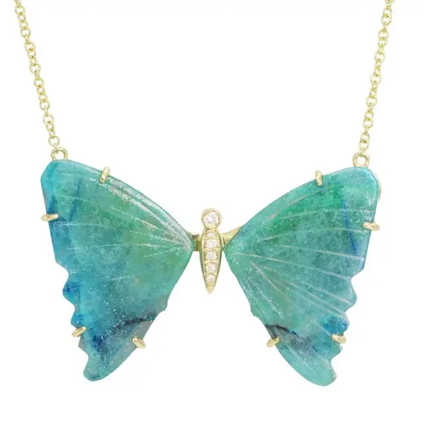KAMARIA Large Chrysocolla Butterfly Necklace With Diamonds & Prongs - Green
