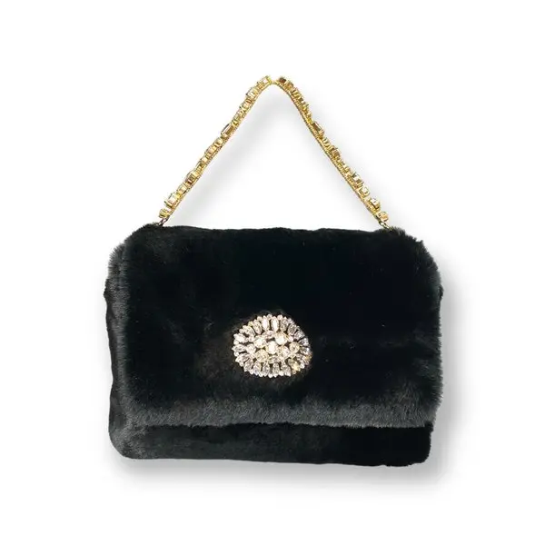 DAMAPREZIOSA Victoria Jeweled Handle Bag – Vegan Fur - Black