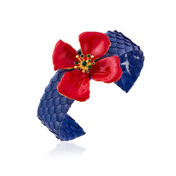 MILOU JEWELRY Hibiscus Flower Adjustable Blue Leather Cuff Bracelet - Red