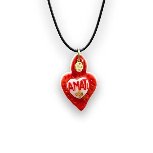 Tiké Jewels Sac Heart Amati Porcelain Choker Necklace – Gold Plated - Red