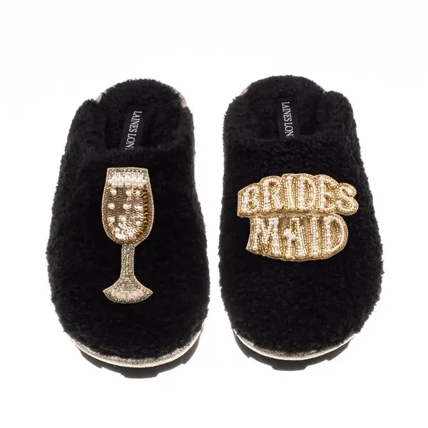 LAINES LONDON Teddy Closed Toe Slippers With Bridesmaid Brooches - Black