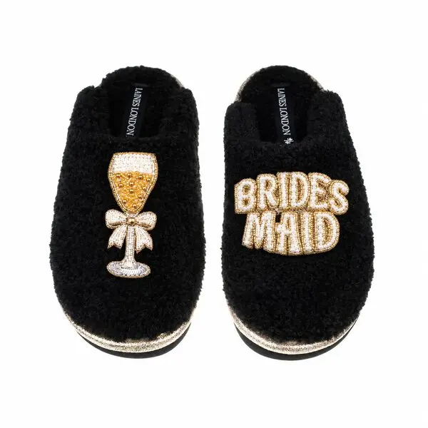 LAINES LONDON Teddy Closed Toe Slippers With Bridesmaid Brooches - Black