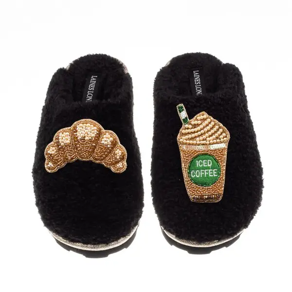 LAINES LONDON Teddy Closed Toe Slippers With Iced Coffee & Croissant Brooches - Black