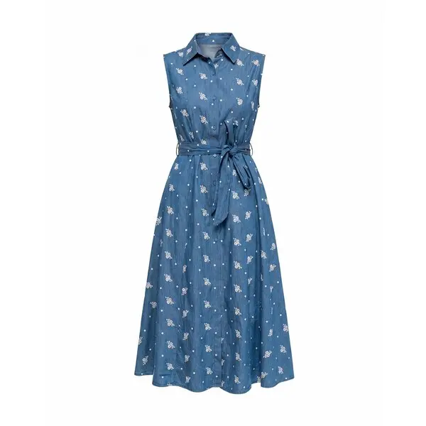TANTRA SPAIN SL Embroidered Tencel Shirt-style Midi Dress With A Flared Skirt And Belt Denim - Blue