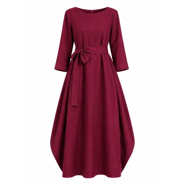 NIKKA PLACE Oversized Maxi Linen Dress With Belt In Burgundy - Red