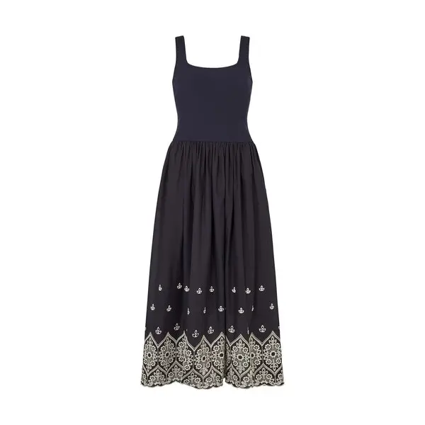LILY AND LIONEL Cora Sleeveless Jersey Bodice Embroidered Midi Dress In Navy - Blue