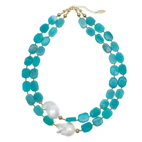 FARRA Amazonite With Baroque Pearls Double Strands Necklace