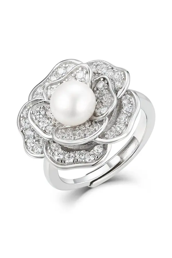 SANTINNI Tsarina' Flower & Freshwater Pearl Ring - Silver