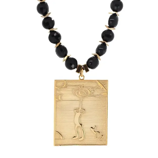 EBRU JEWELRY Gold / Black Healer Spiral Sun Shamanic Pendant Black Agate Beaded Necklace Gold - Gold/black