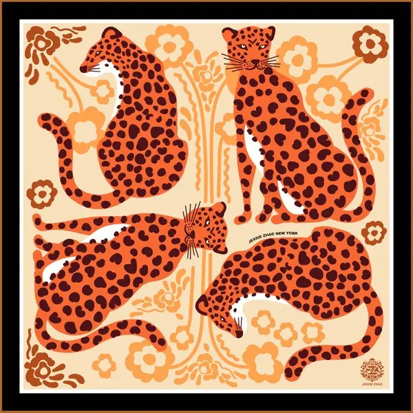 JESSIE ZHAO NEW YORK Silk Bandana Of Leopards With Floral Fountain - Brown