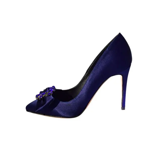 AETHRA SHOES Amor Navy Satin Crystal-embellished Pointed Toe Stiletto Pumps - Blue