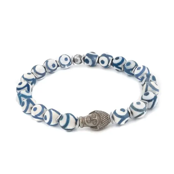 EBRU JEWELRY Blue / White / Silver Buddha Spirit Nepal Bead Bracelet Blue - Blue/white/silver
