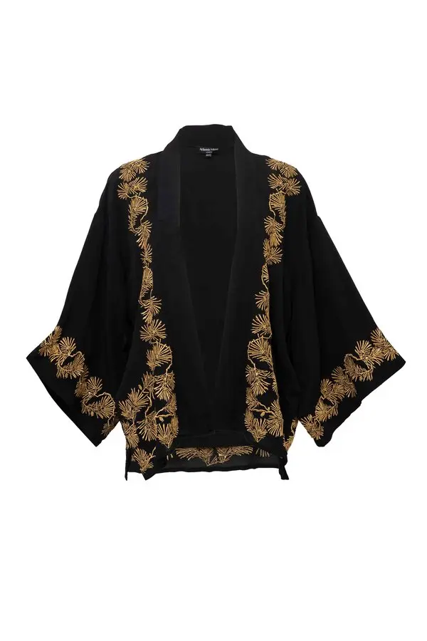 ARTEMIS MUSE Japanese Pine Needle Embroidered & Gold Fully Lined Short Kimono - Black