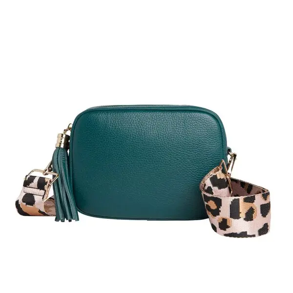 BETSY & FLOSS Verona Crossbody Tassel Teal Bag With Light Leopard Strap - Green