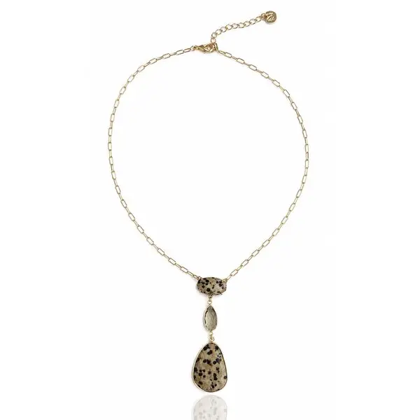 RARE MATTERS JEWELRY Delicate Dalmatian Jasper & Smoky Glass Drop Necklace - Brown