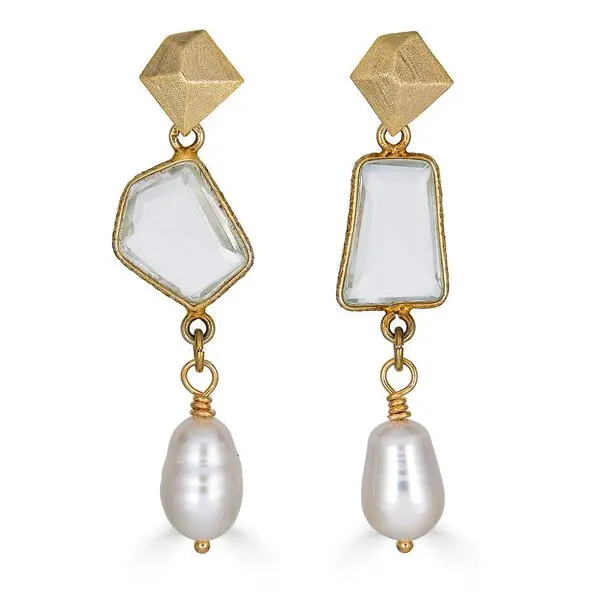 LONI PAUL JEWELRY Asymmetrical Quartz & Pearl Earrings - Gold