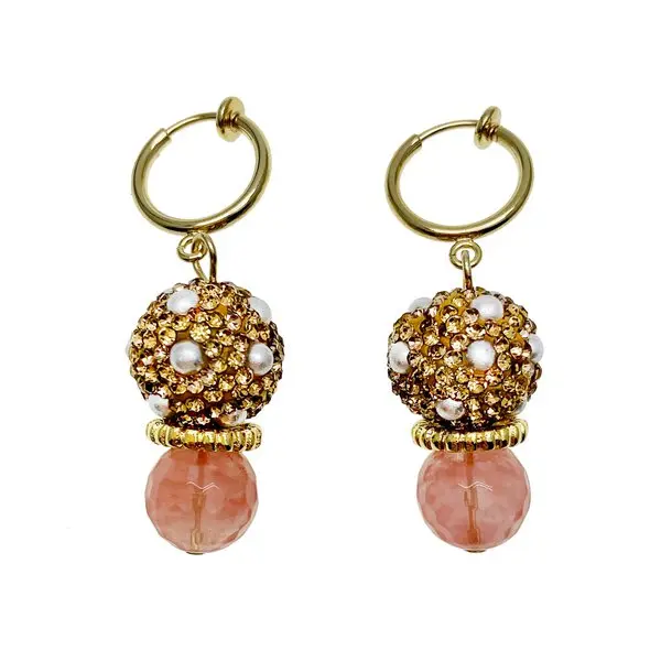 FARRA Watermelon Quartz Stones With Rhinestones Borde Pearls Clip On Earrings - Red