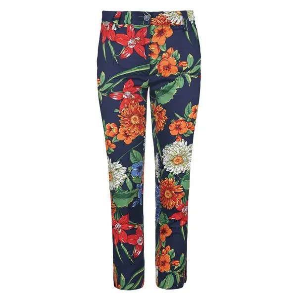 CONQUISTA Floral Cotton Pants In Red, Blue & Green Shades - Black