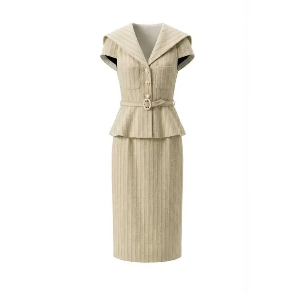 BELSIZE25 Neutrals / Italian Resort Series Linen Sailor Collar Faux Two-piece Dress - Yellow