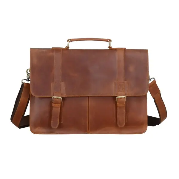 TOURI Worn Look Genuine Leather Laptop Bag - Brown