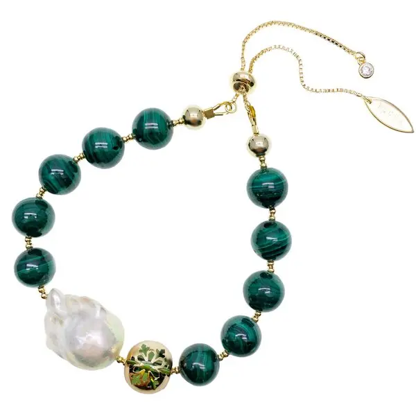 FARRA Christmas Malachite With Baroque Pearl Adjustable Bracelet - Green