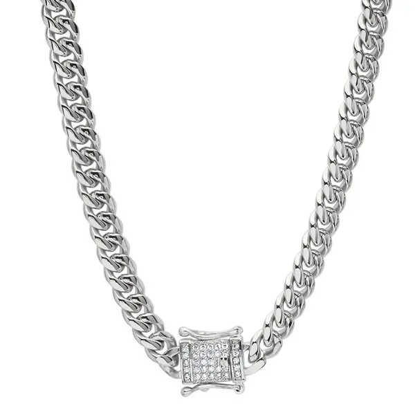 STEELTIME Stainless Steel 8mm Miami Cuban Necklace Chain With Cz Box Clasp 24 Inch - Silver