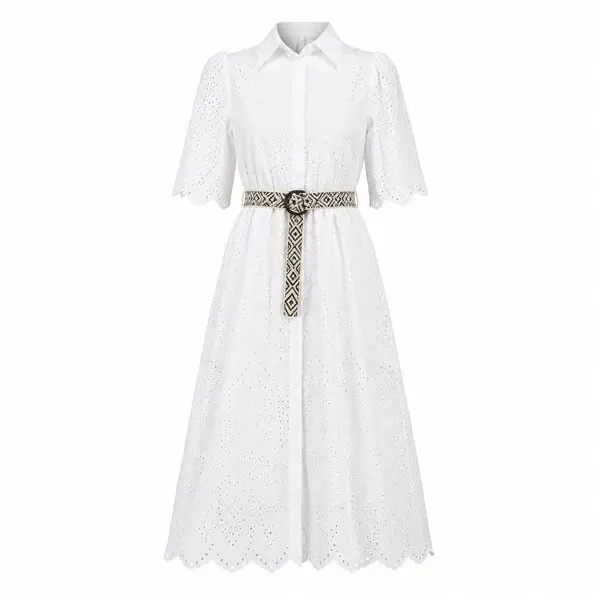 IZABELA MANDOIU Broderie Anglaise Midi Shirt Dress With Detachable Belt And Pockets - White