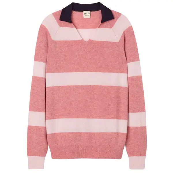 SALTS CASHMERE Split Neck Polo Stripe Sweater Sobert & Pale - Pink