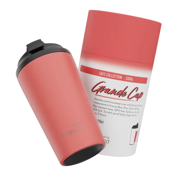Fressko Grande 16oz / 475ml Reusable Coffee Cup, Stainless Steel Coral - Orange