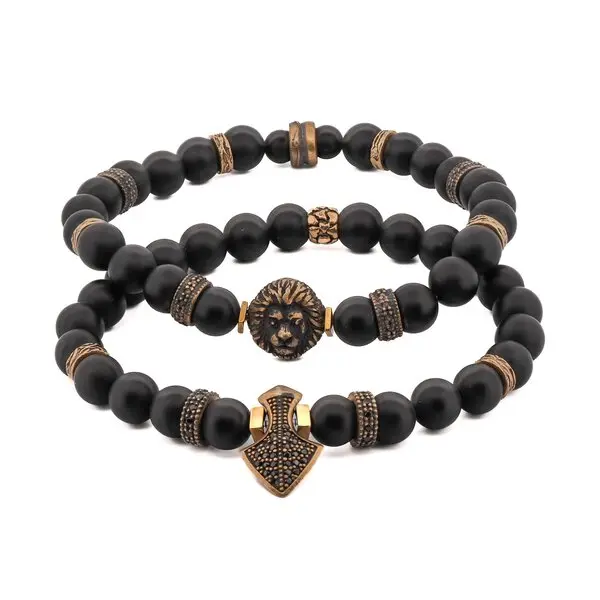 EBRU JEWELRY Black / Brown Powerful Lion & Diamond Arrow Black Onyx Bracelet Set Black - Black/brown