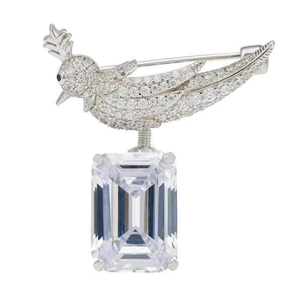 LATELITA Silver / White Crested Love Bird Brooch Silver Moissanite - Silver/white